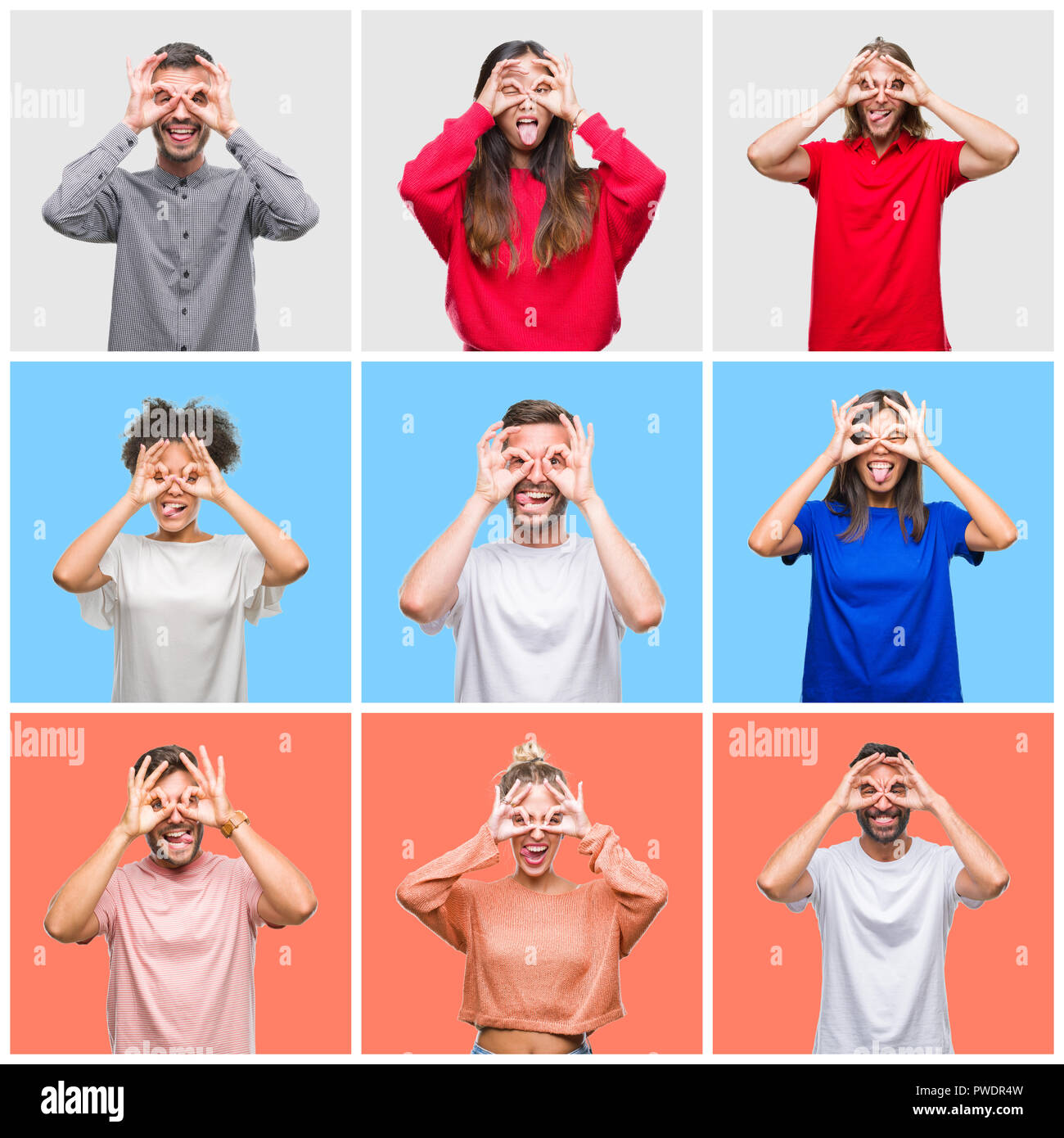 Collage of group of young people over colorful isolated background ...