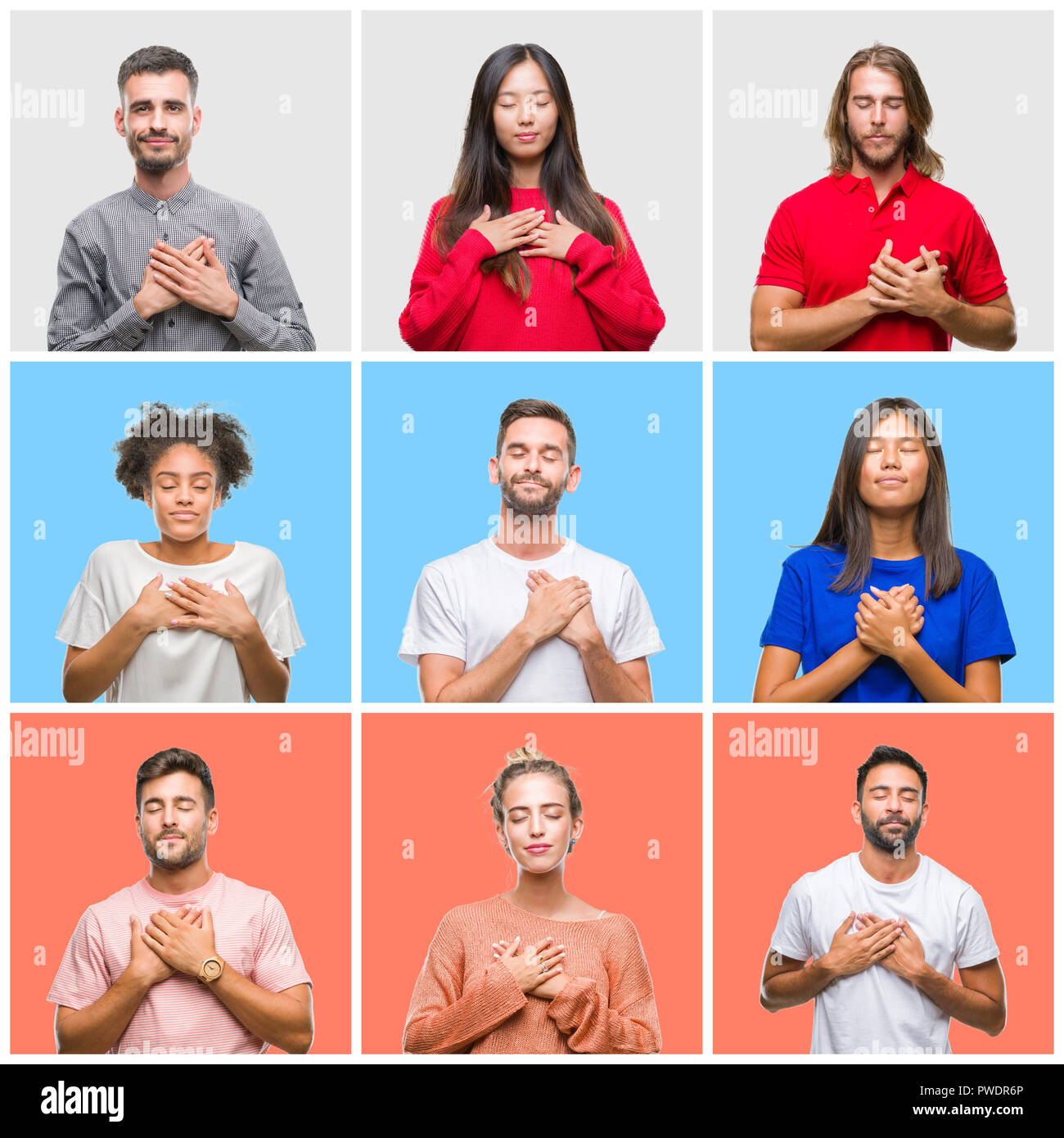Collage of group of young people over colorful isolated background ...