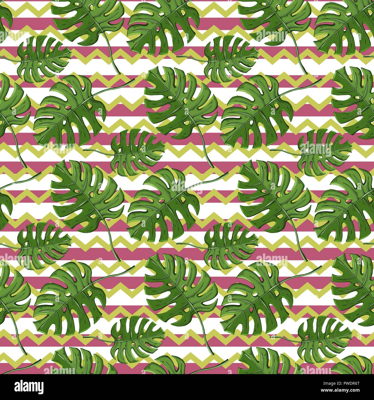 Vector monstera plant seamless pattern on a striped background Stock ...