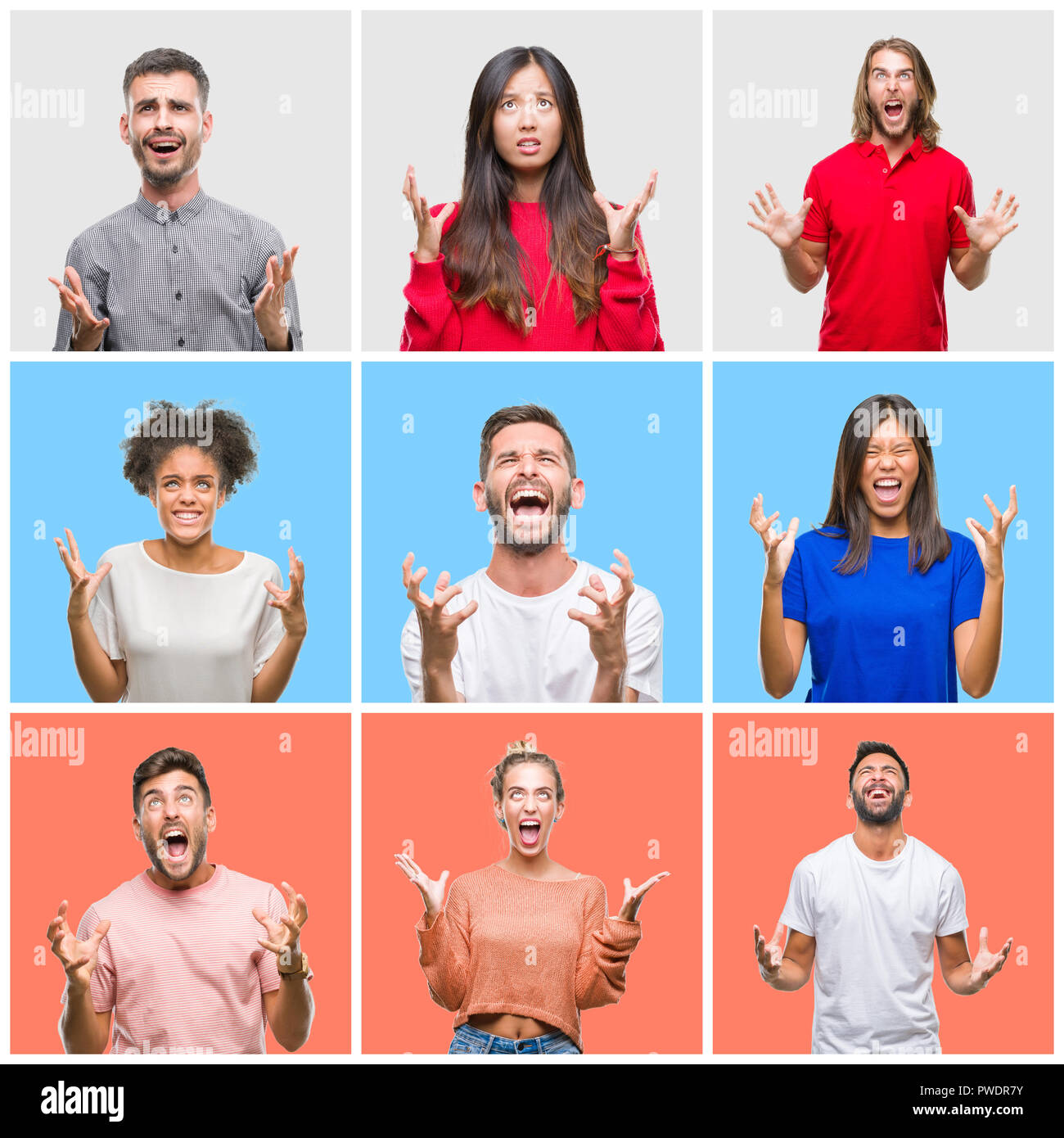 Collage of group of young people over colorful isolated background ...