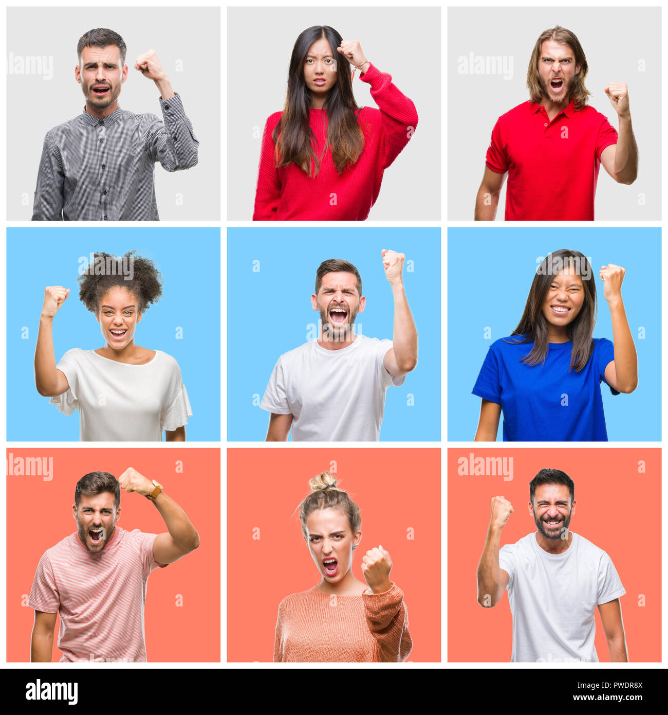 Collage of group of young people over colorful isolated background ...