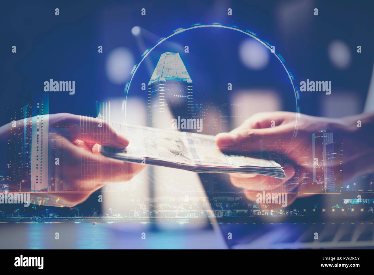 Man offering batch of hundred dollar bills. Hands close up. Venality ...