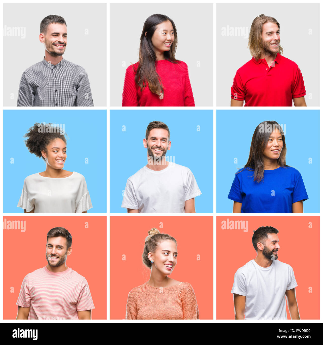 Collage of group of young people over colorful isolated background ...
