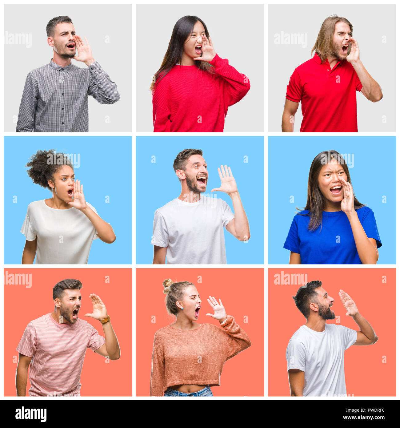Collage of group of young people over colorful isolated background ...