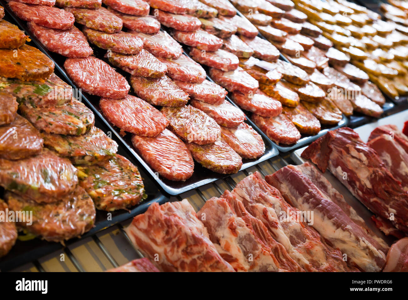 burger on counter in supermarket, close up shot Stock Photo - Alamy