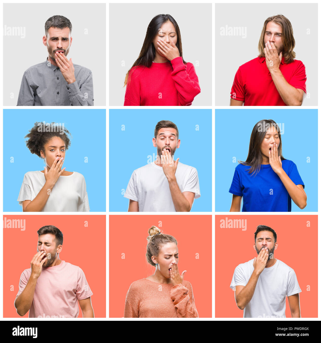 Collage of group of young people over colorful isolated background ...
