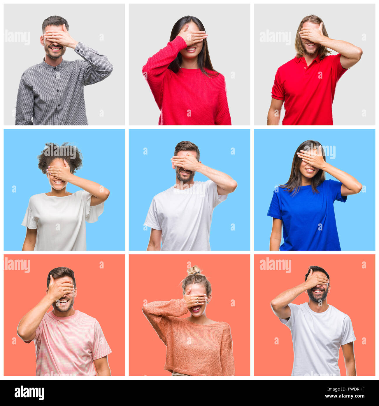 Collage of group of young people over colorful isolated background ...