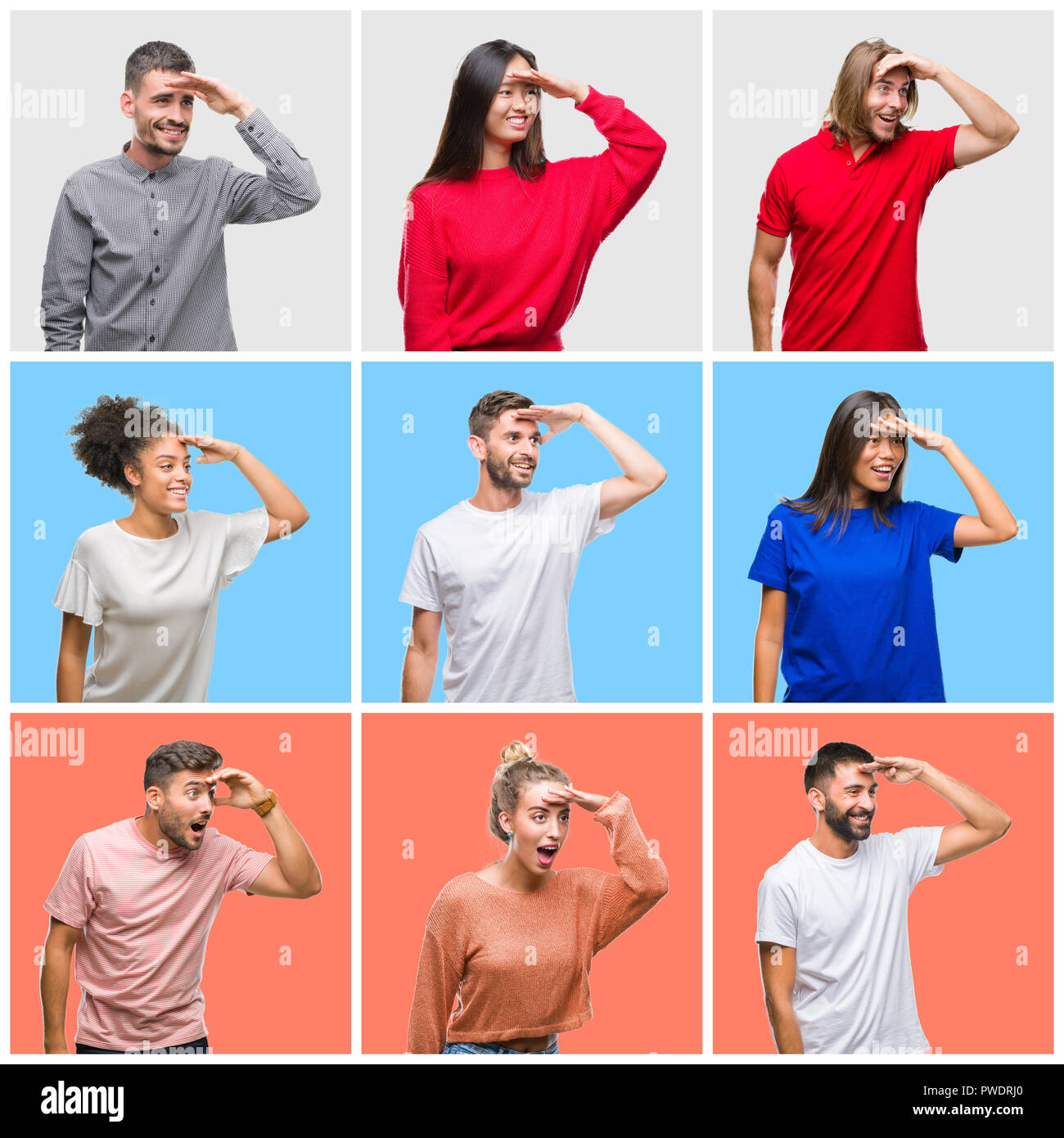 Collage of group of young people over colorful isolated background very ...