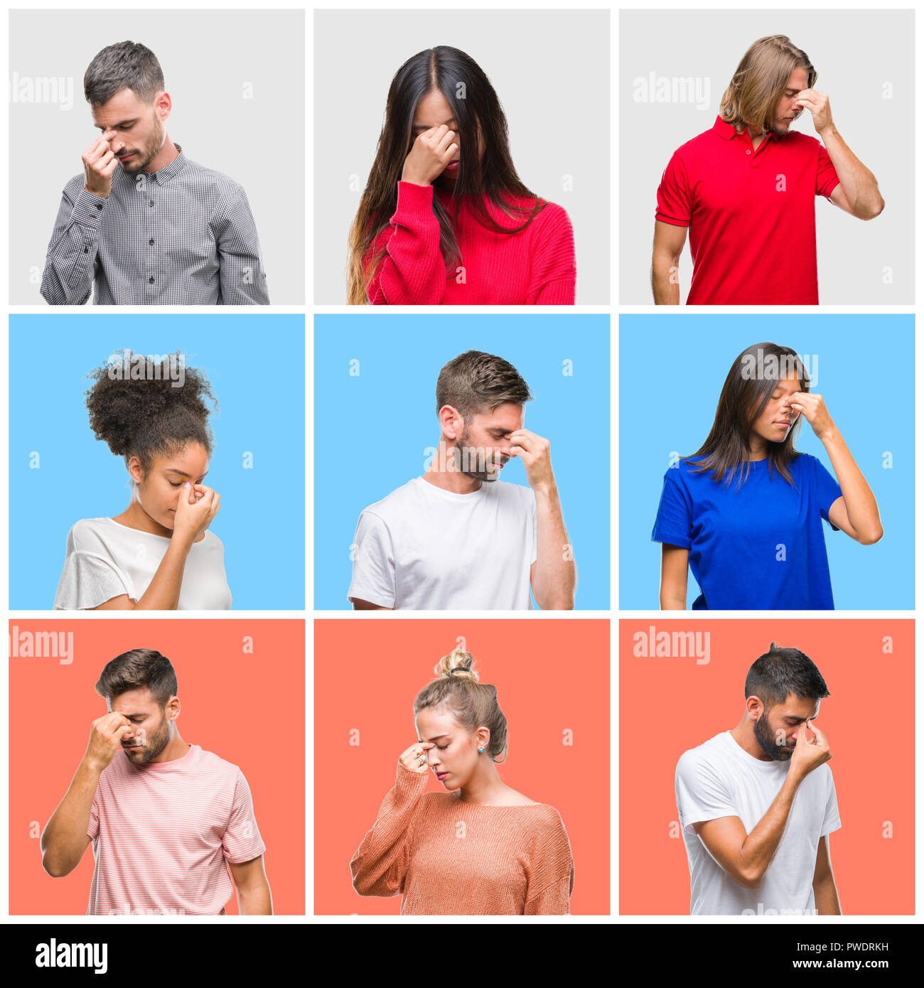 Collage of group of young people over colorful isolated background ...