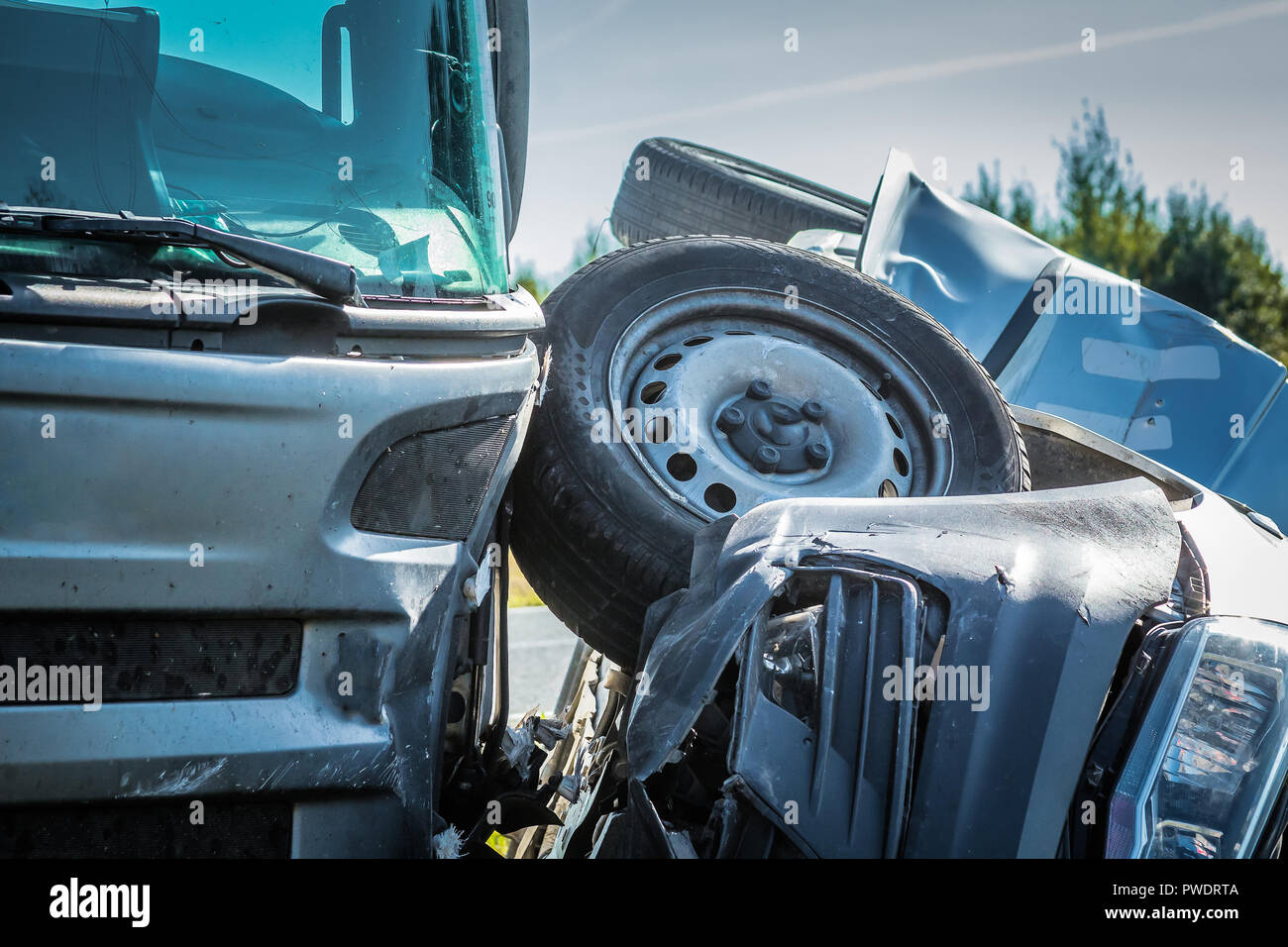 Car accident on a road in September, car after a collision with a heavy ...