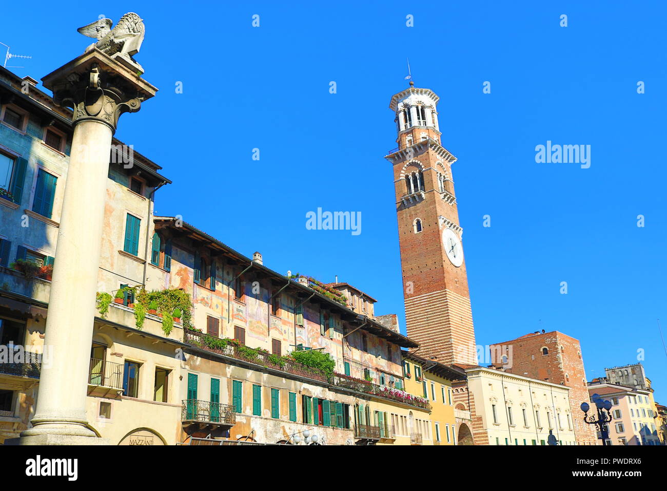 A view of Piazza delle Erbe -square in Verona with the white marble ...