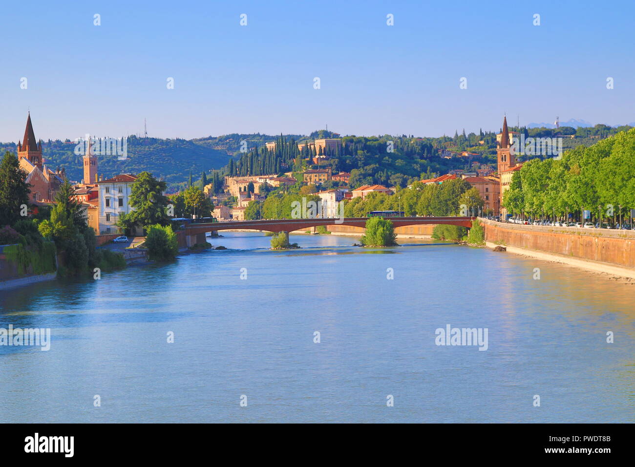 View of the Adige River and beautiful buildings at the banks seen from ...