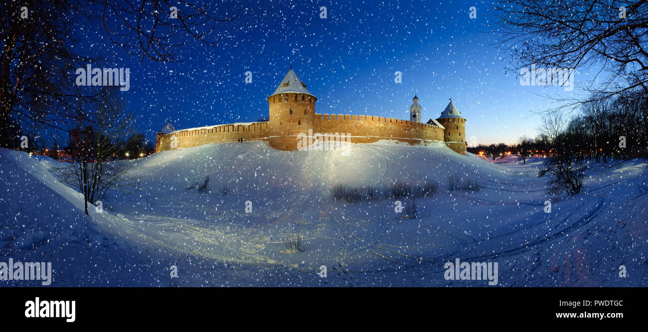 Novgorod Kremlin by winter night with snowfall in Veliky Novgorod ...