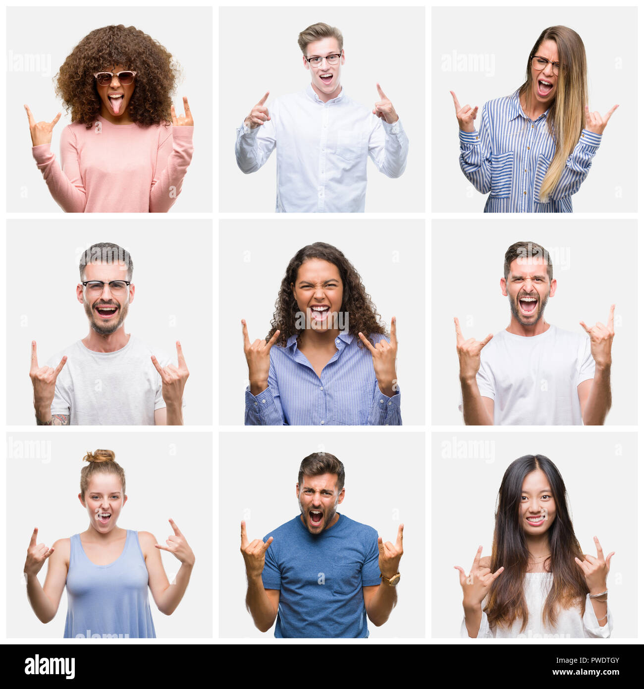 Collage of group of young people woman and men over white solated ...