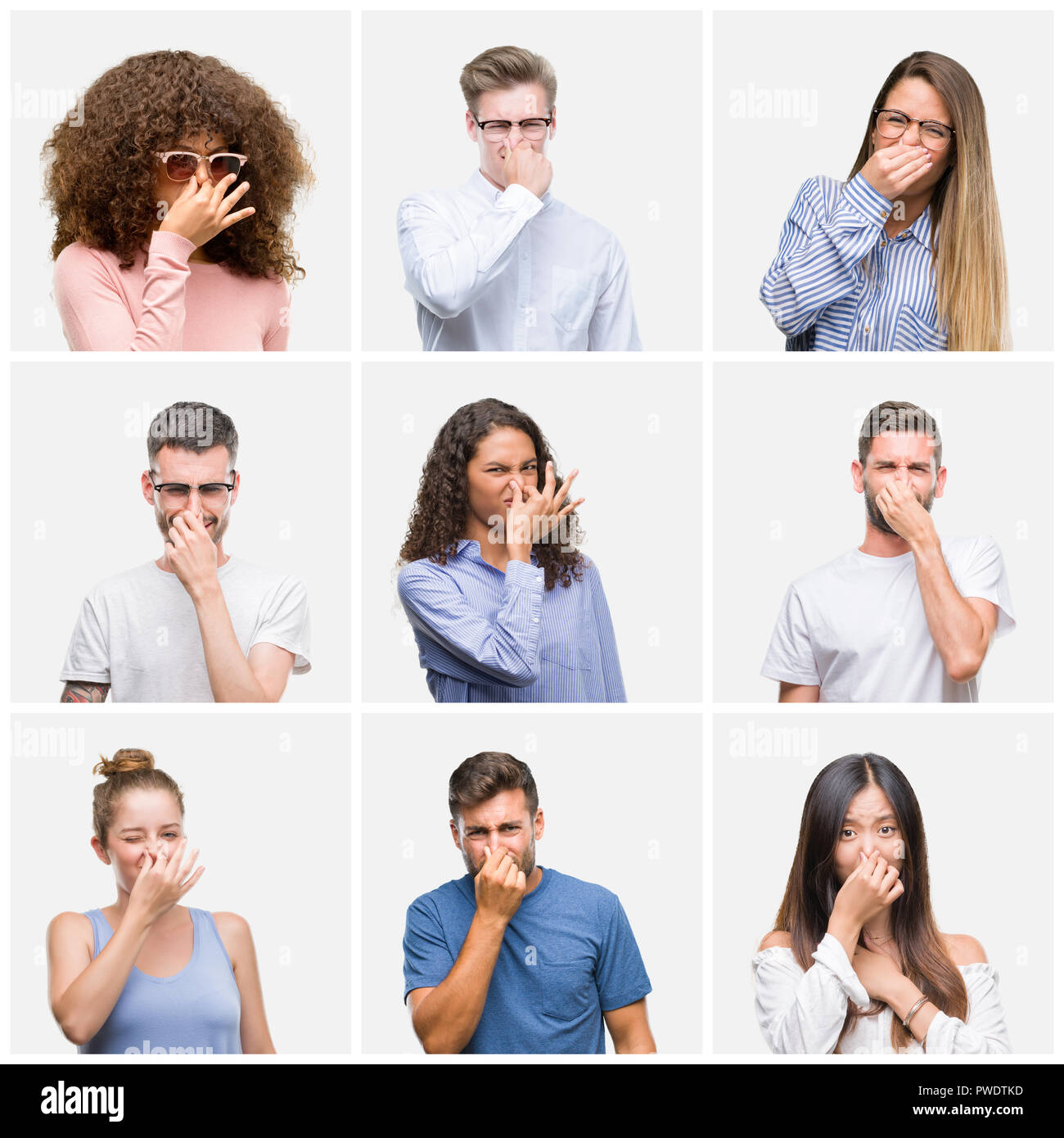 Collage of group of young people woman and men over white solated ...