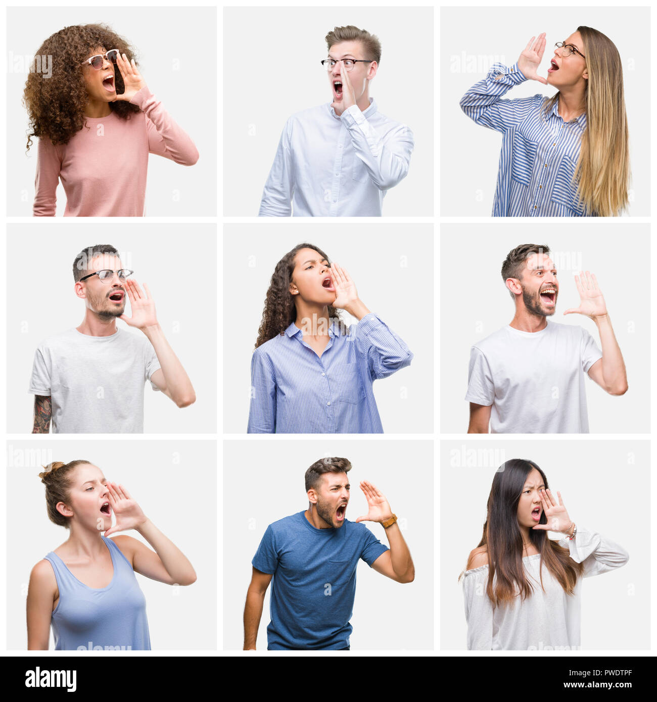 Collage of group of young people woman and men over white solated ...