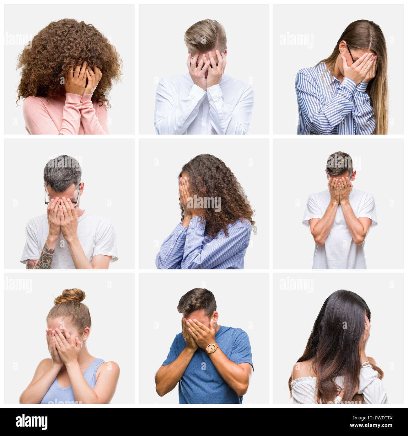 Collage of group of young people woman and men over white solated ...