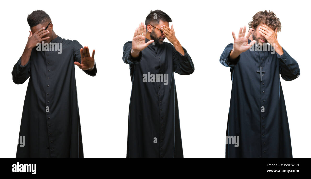 Collage of christian priest men over isolated background covering eyes ...