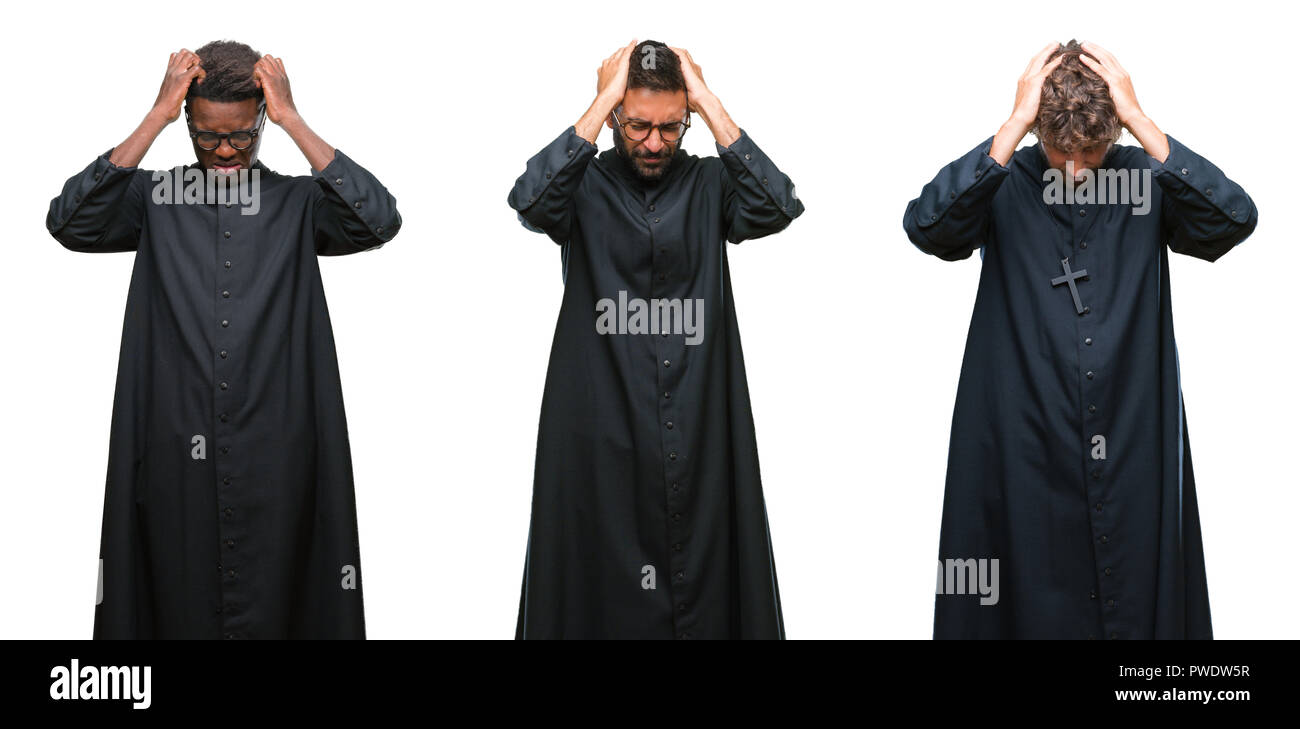 Collage of christian priest men over isolated background suffering from ...