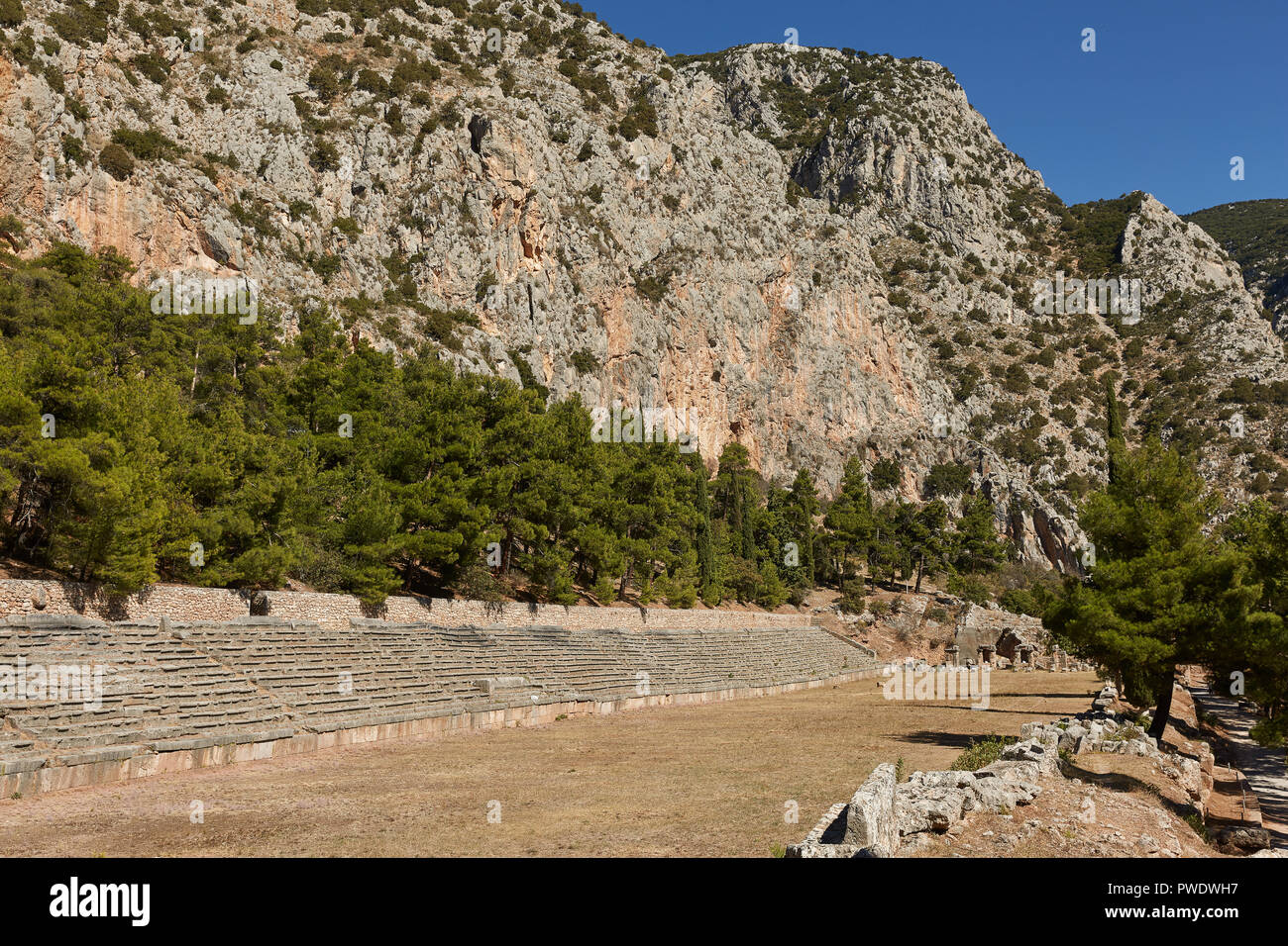 Delphi, Phocis - Greece. Panoramic view of the Stadium of Delphi. It ...