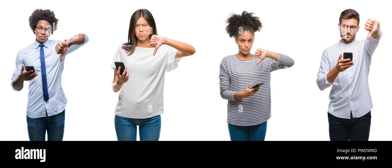 Collage of people texting sending message using smartphone over ...