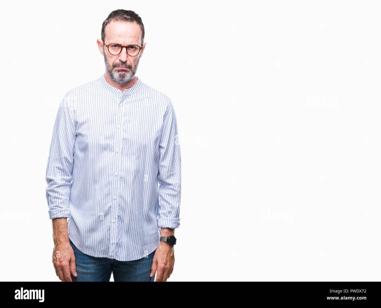 Middle age hoary senior man wearing glasses over isolated background ...