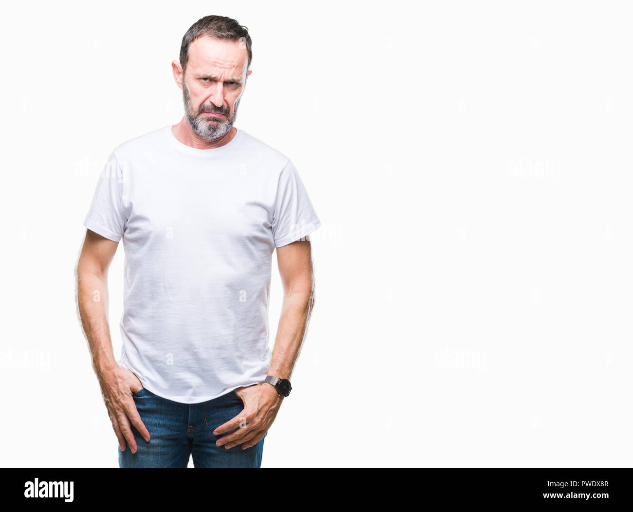 Middle age hoary senior man wearing white t-shirt over isolated ...