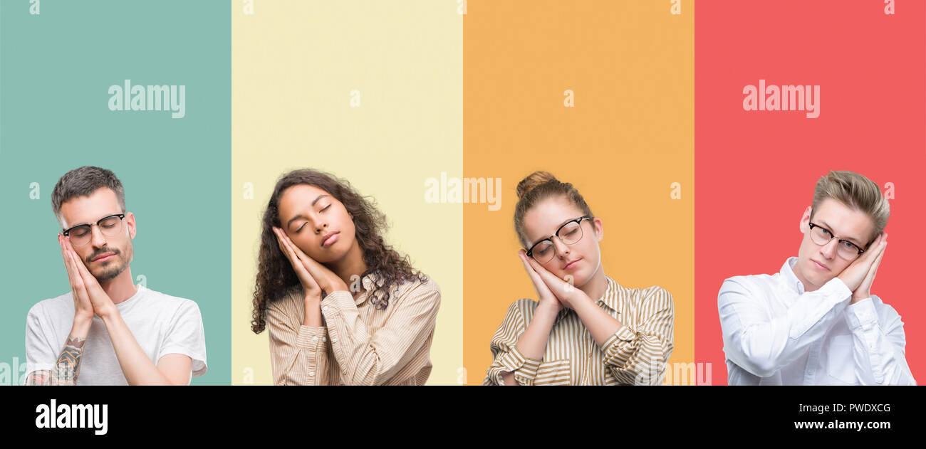 Collage of a group of people isolated over colorful background sleeping ...