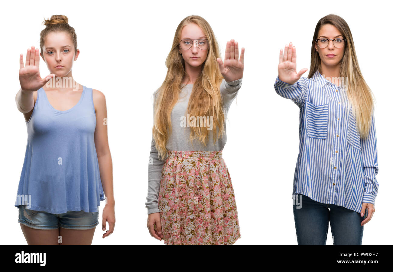 Collage of group of blonde women over isolated background doing stop ...