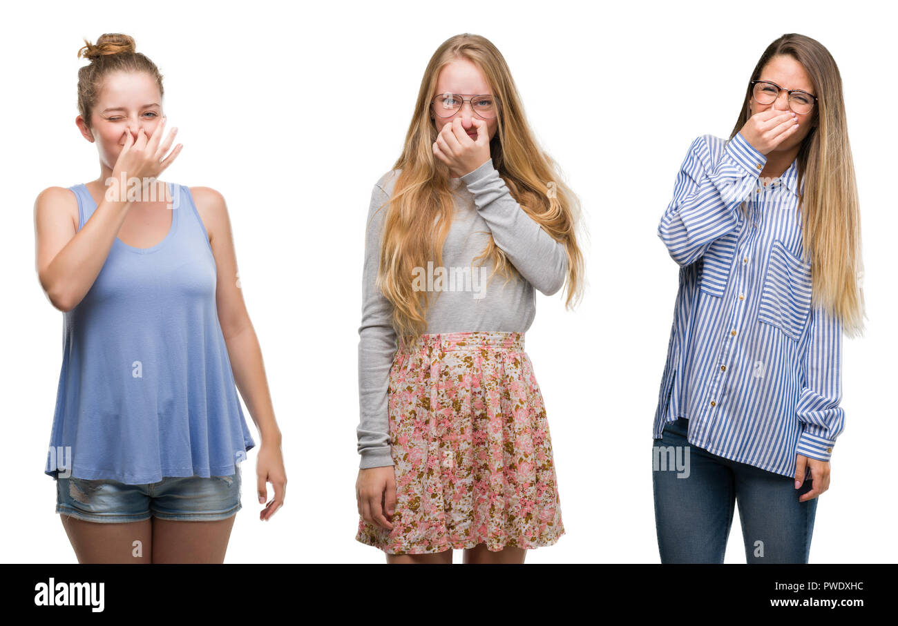 Collage Of Group Of Blonde Women Over Isolated Background Smelling