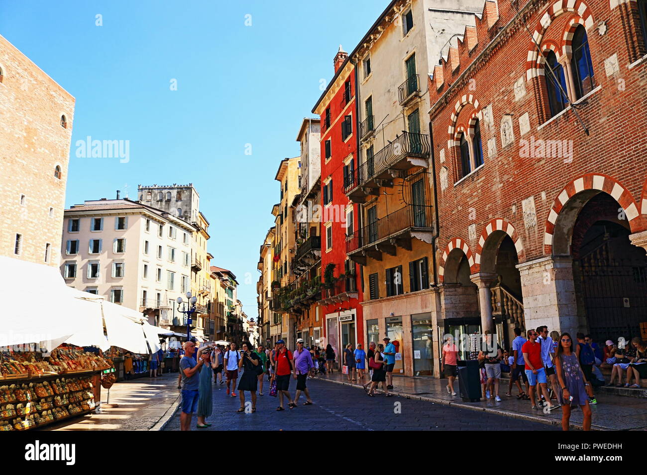 View of Piazza delle Erbe Market square in the Old town of Verona,Italy ...