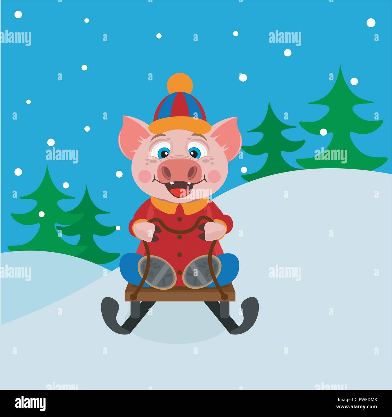 Pig riding on a sled. Year of the pig vector illustration. Symbol of ...