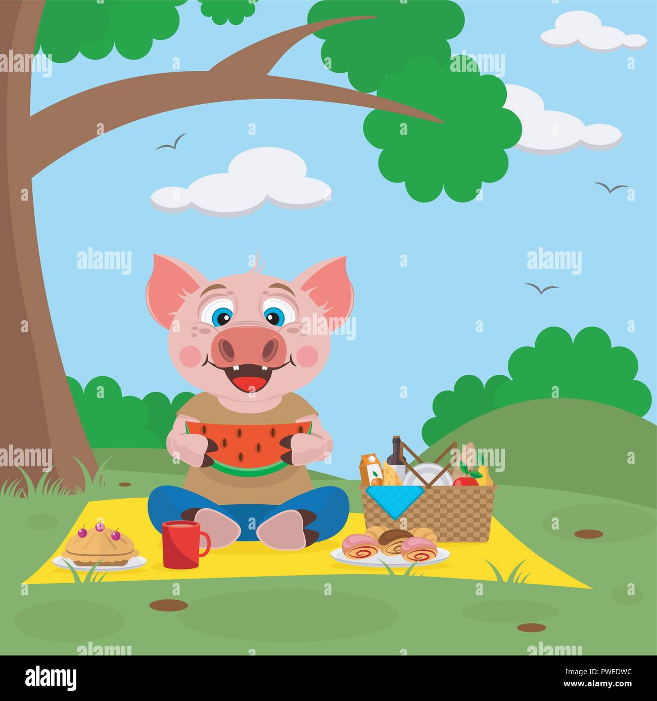 The pig went on a picnic. Vector illustration on the theme of the ...