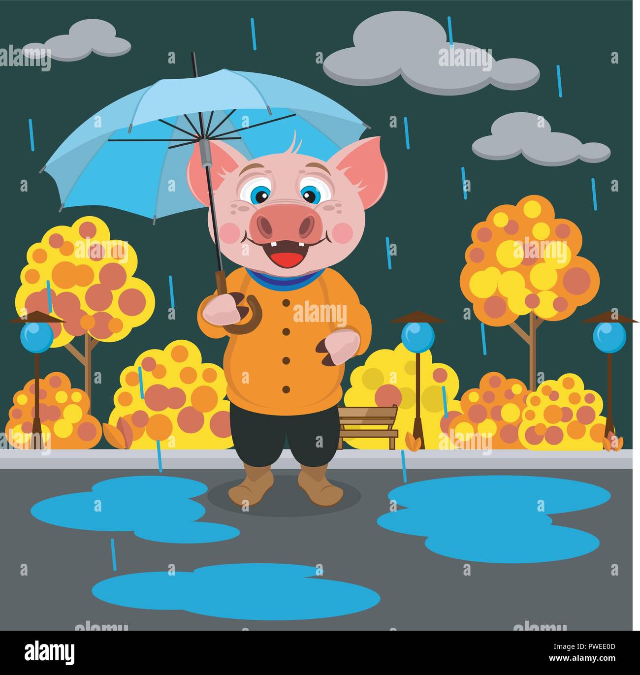 Pig walks in the Park in the autumn rain. Vector illustration. Symbol ...