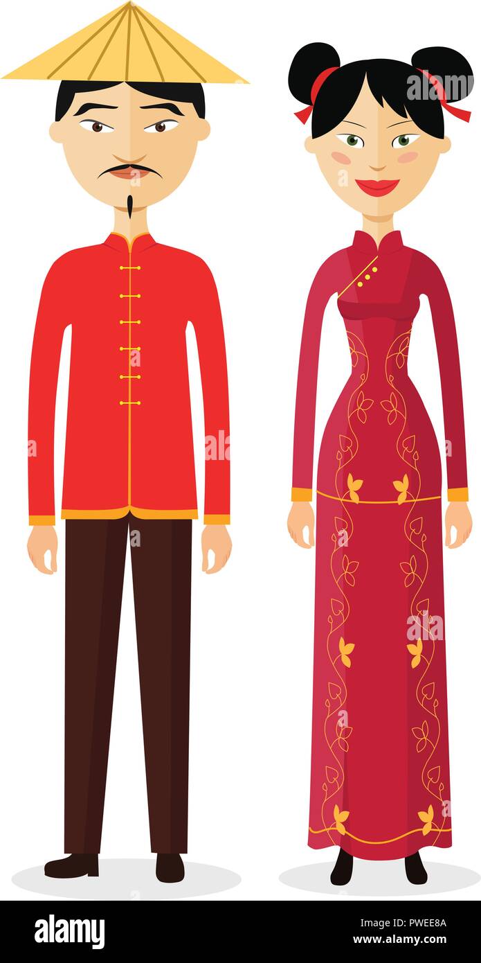 Chinese Couple Man And Woman In Traditional National Costume Vector