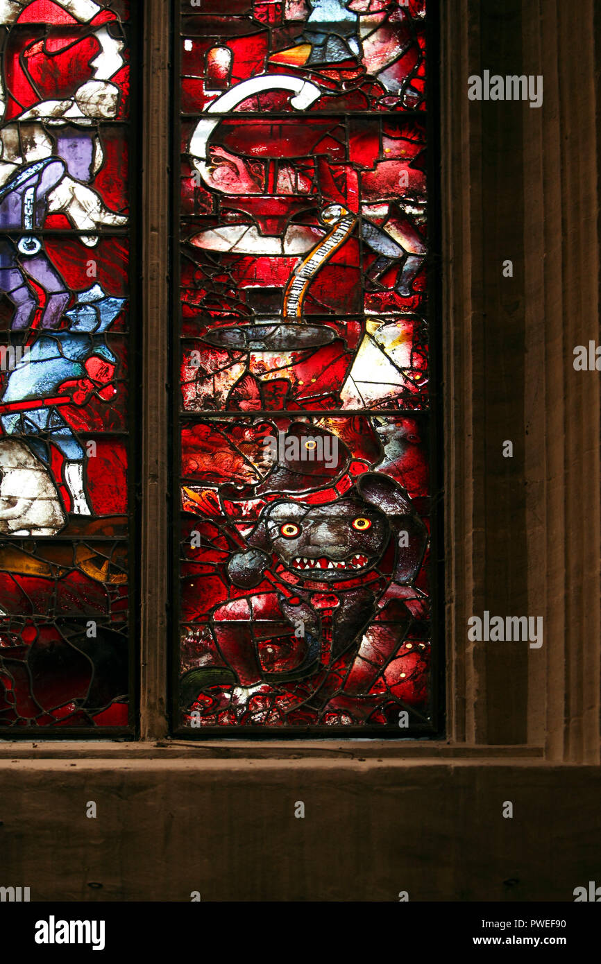 St Marys church Fairford UK. 15th century glass depicting the devil ...