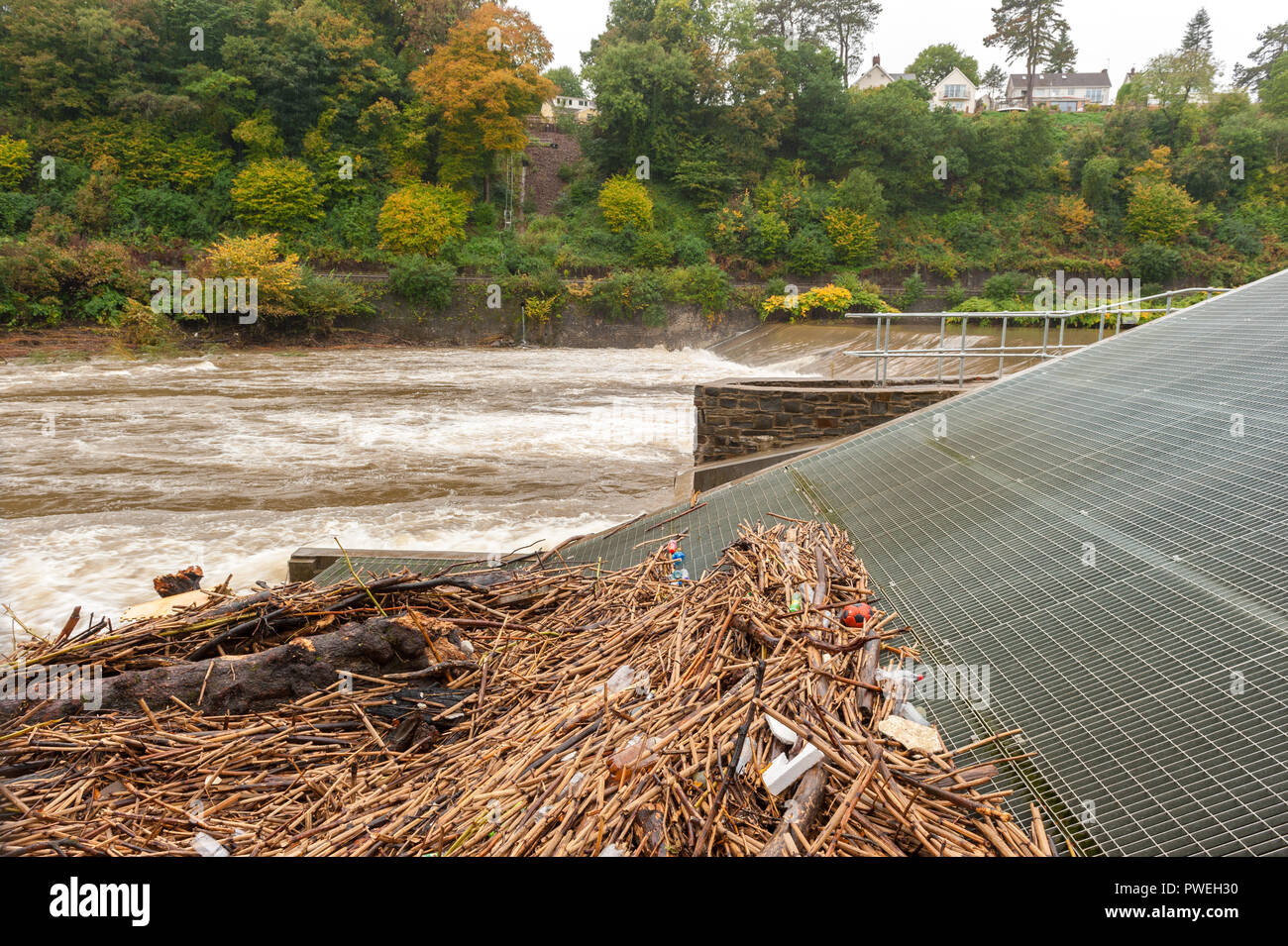 Debris at the Radyr weir hydro electric plant, South Wales, after Storm ...