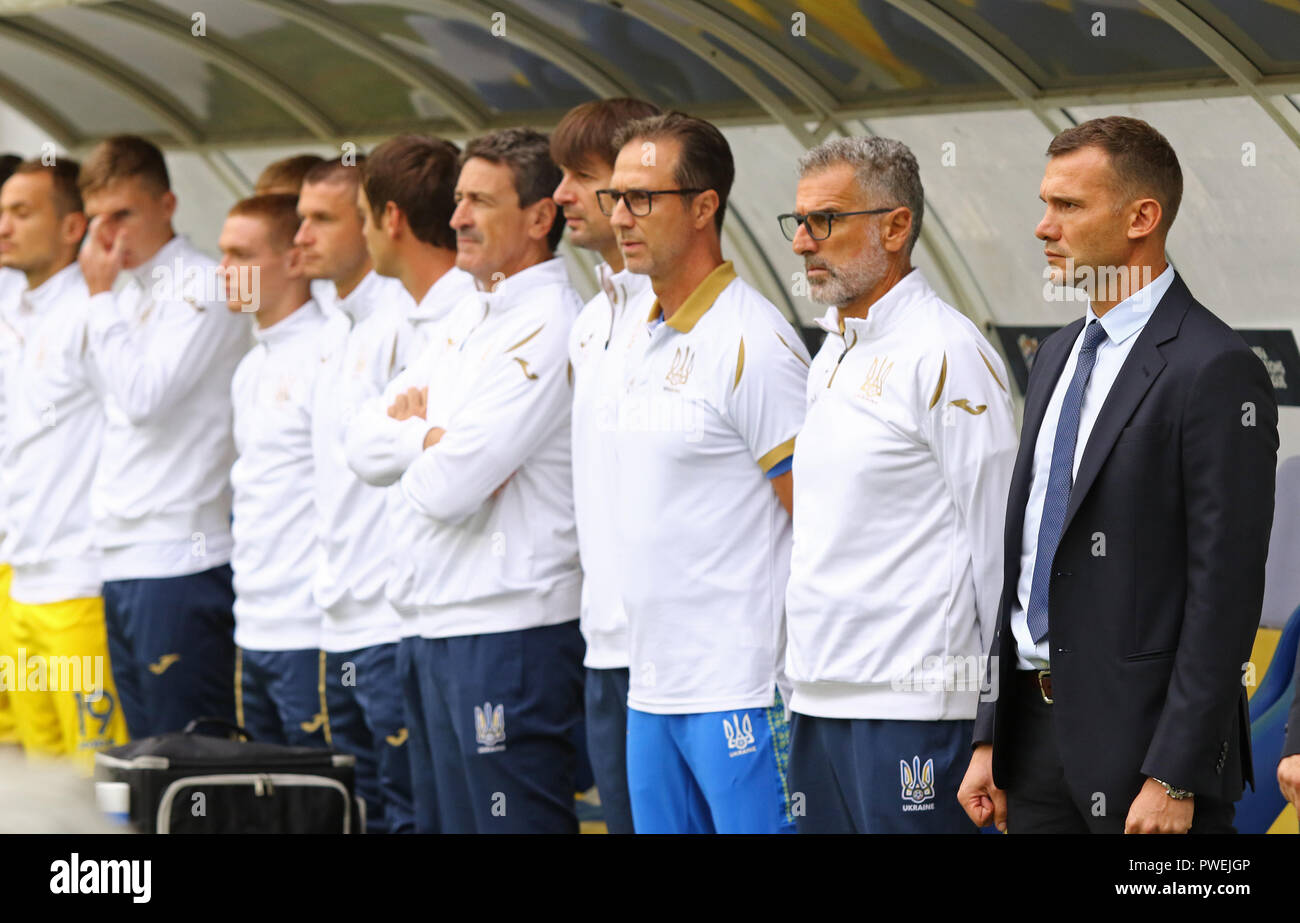 LVIV, UKRAINE - SEPTEMBER 9, 2018: Ukrainian coaches and bench players ...