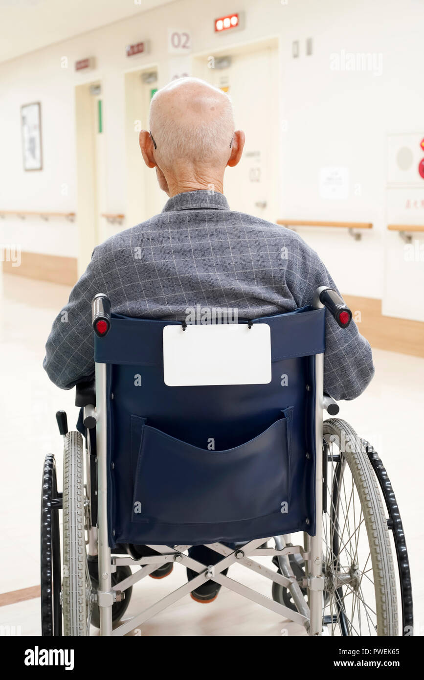 Back view of old man sitting on wheelchair in hospital hallway Stock ...