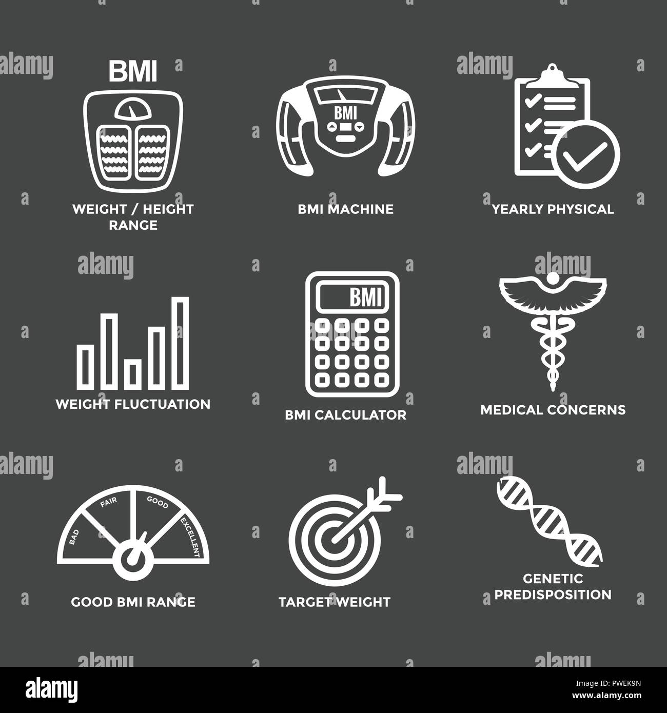 BMI - Body Mass Index Icon Set with BMI Machine, a weight scale, etc ...