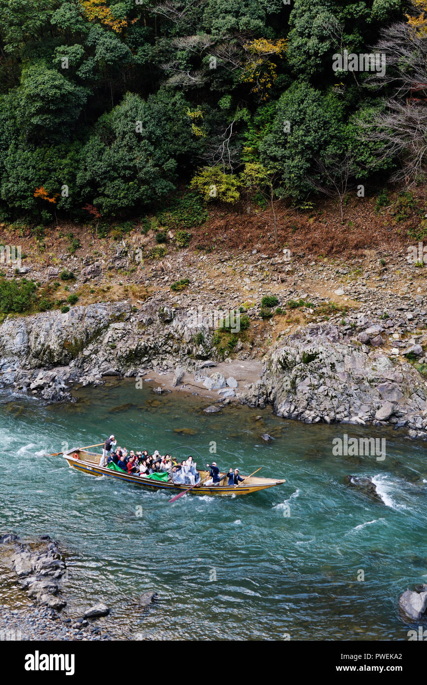 People on Hozugawa river sightseeing cruise boat ride, Hozugawa Kudari ...