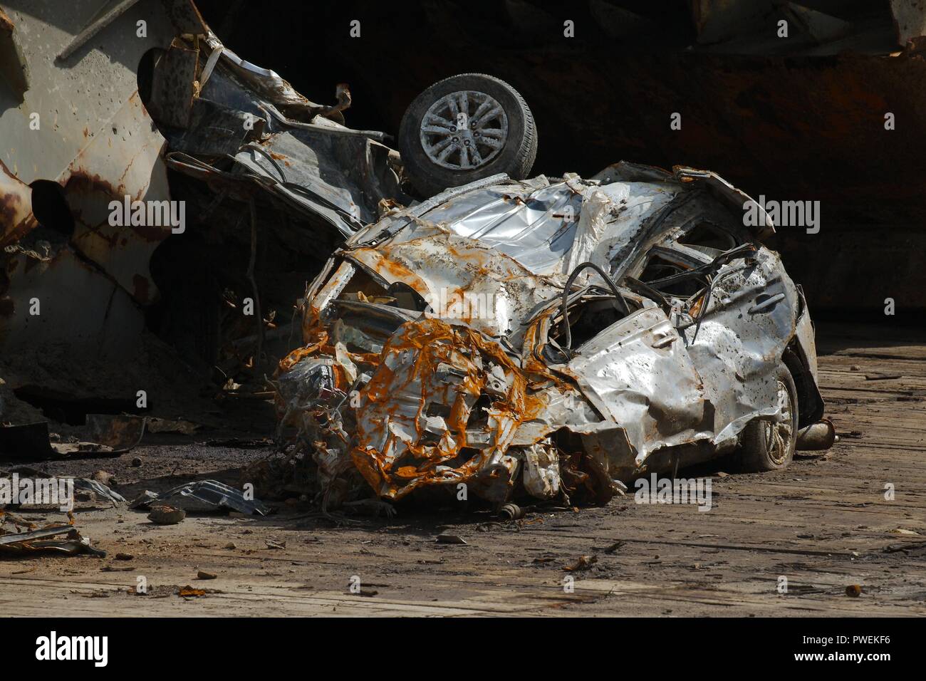 Smashed car wreck Stock Photo - Alamy