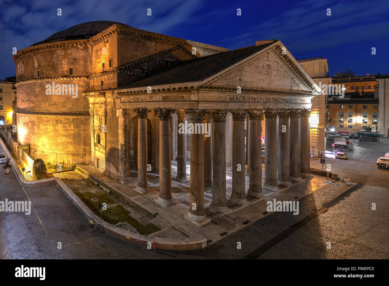 Aerial view of the ancient Pantheon church at dawn in Rome, Italy Stock ...