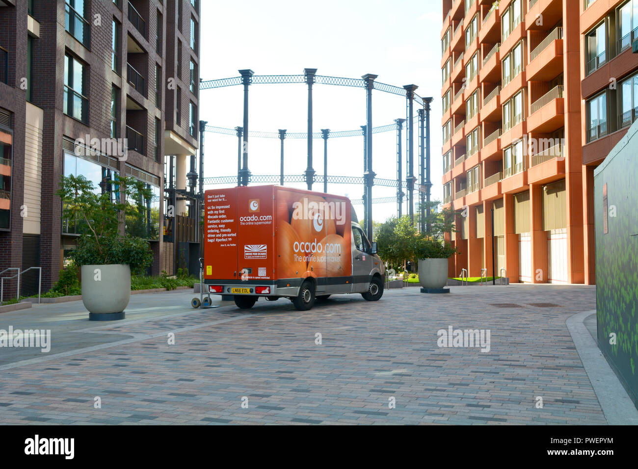 Ocado delivery vehicle at Gasholders near Kings Cross, London, England ...