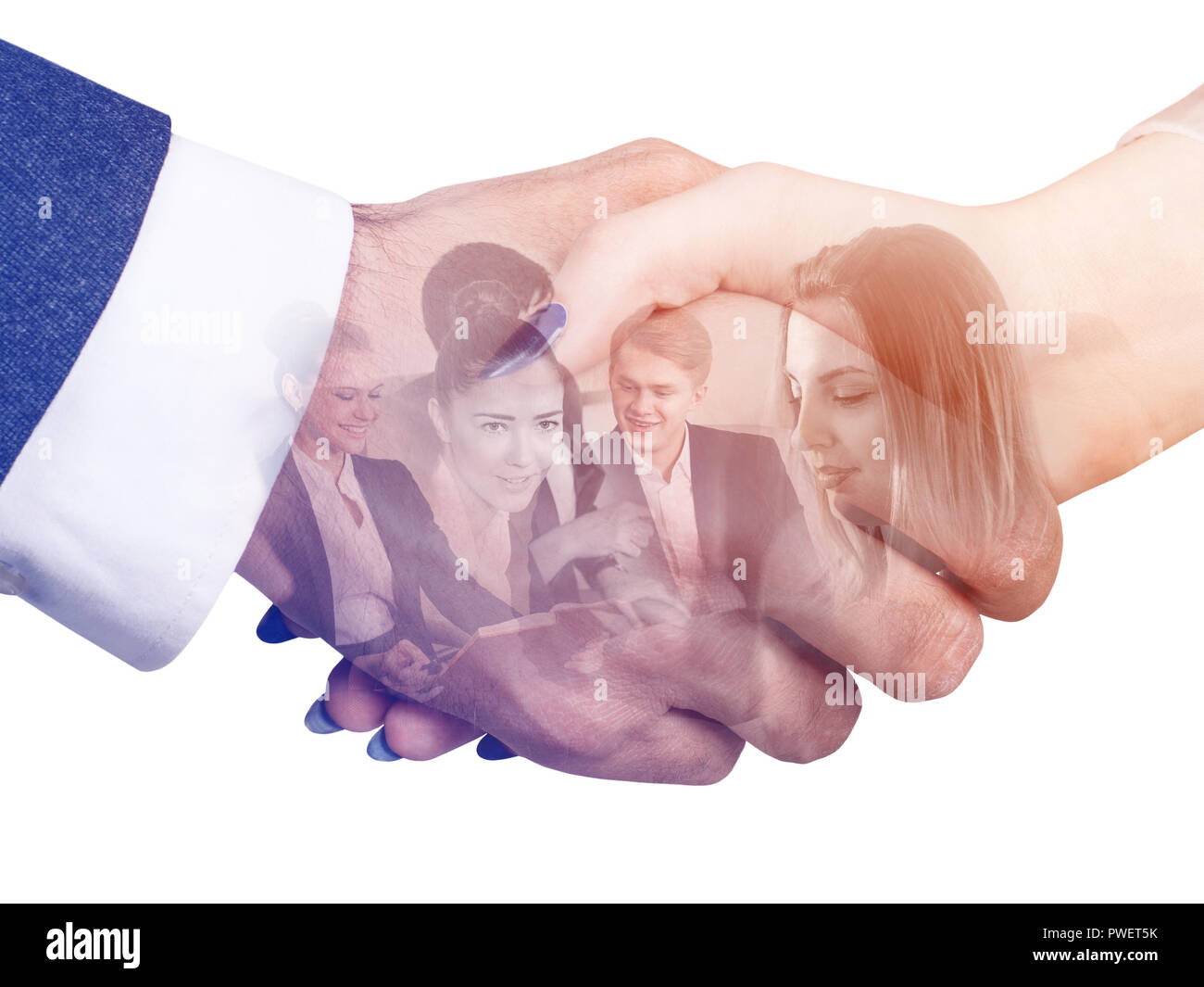 Double exposure of business handshake and business people team Stock ...