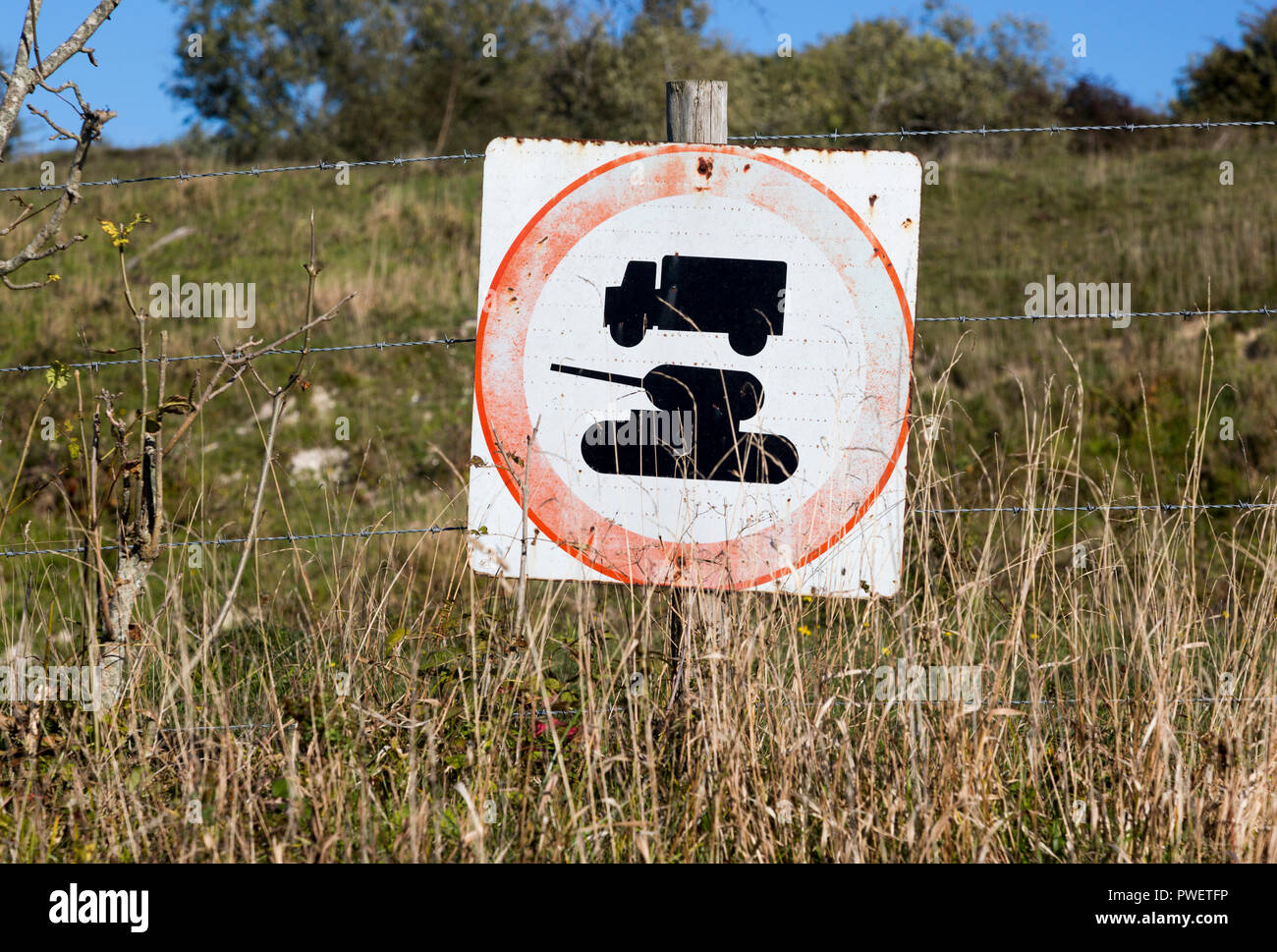 Military No Entry sign for tanks and trucks, military training area ...