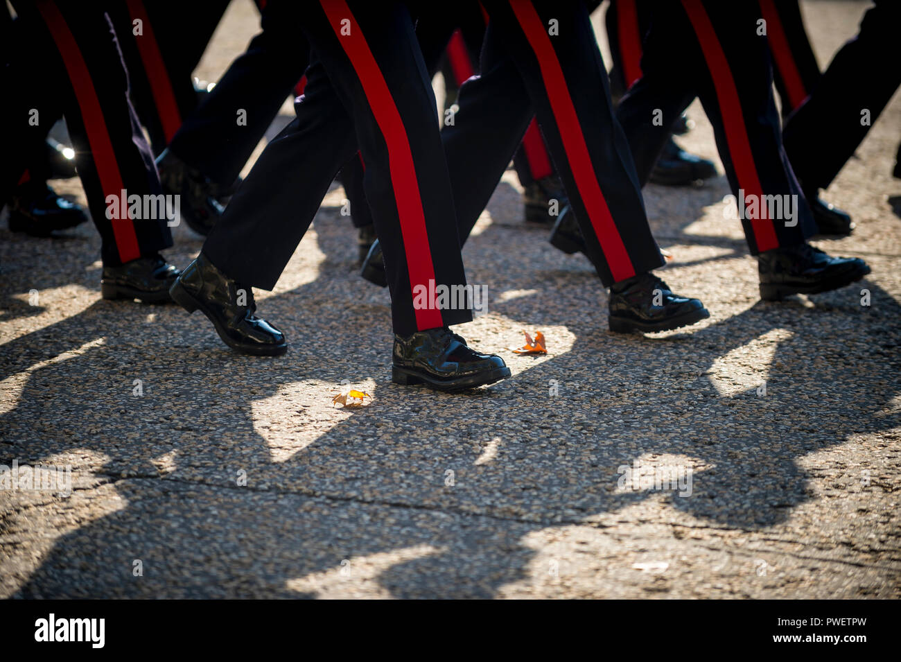 Soldiers marching in bright autumn sun with shadows on textured gravel ...