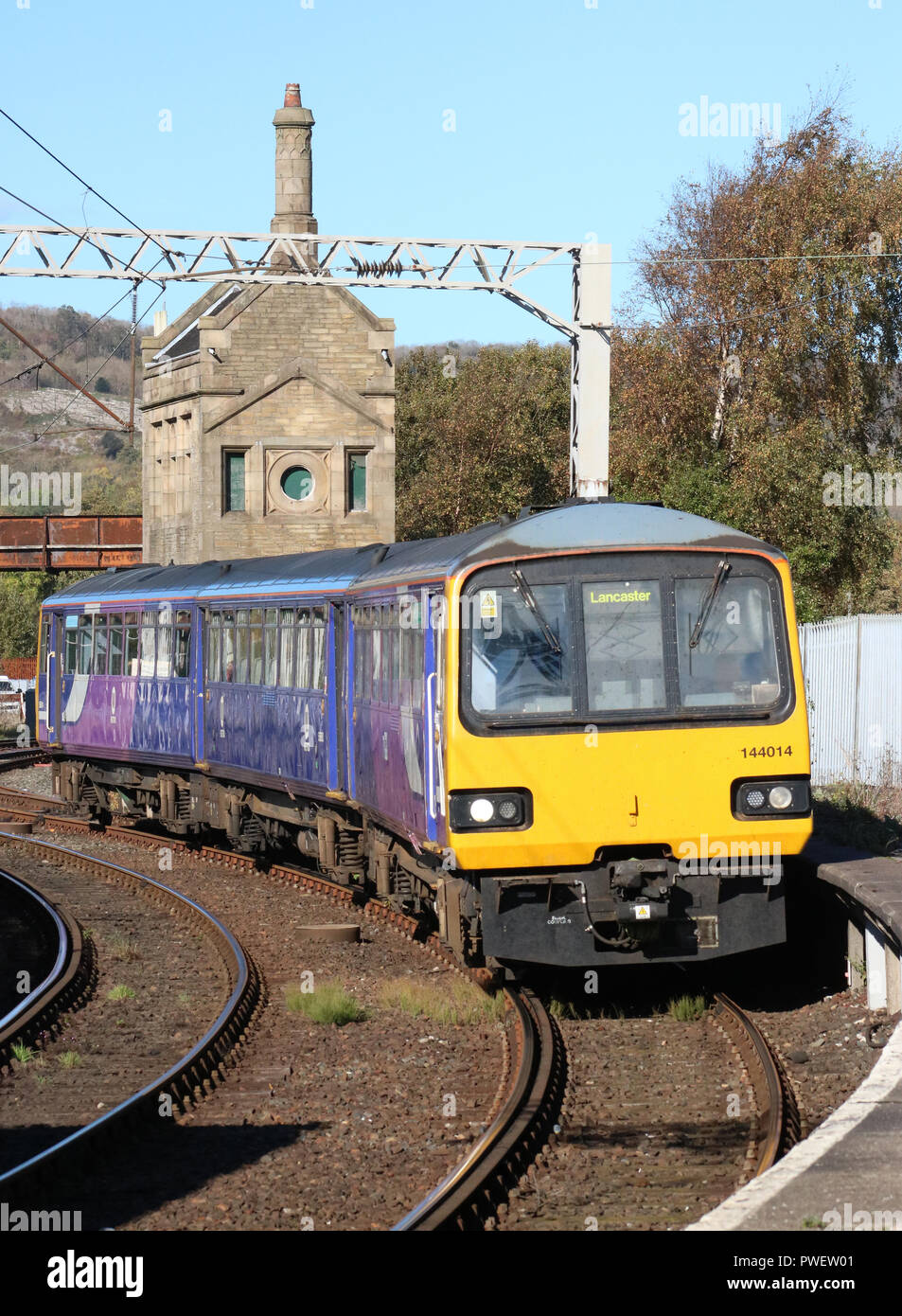 Pacer diesel multiple unit train arriving at Carnforth railway station ...