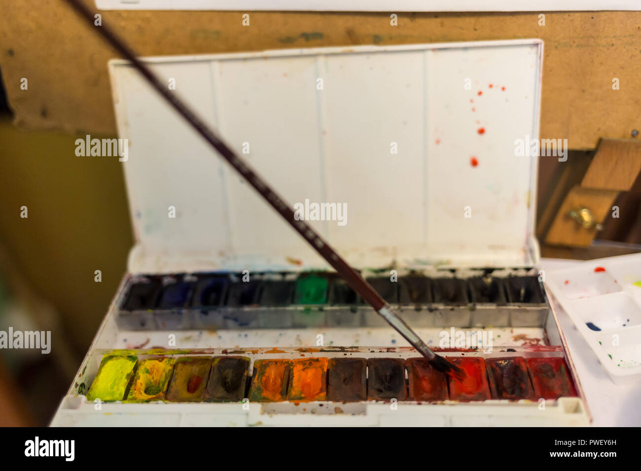 watercolor set tools with brushes Stock Photo - Alamy
