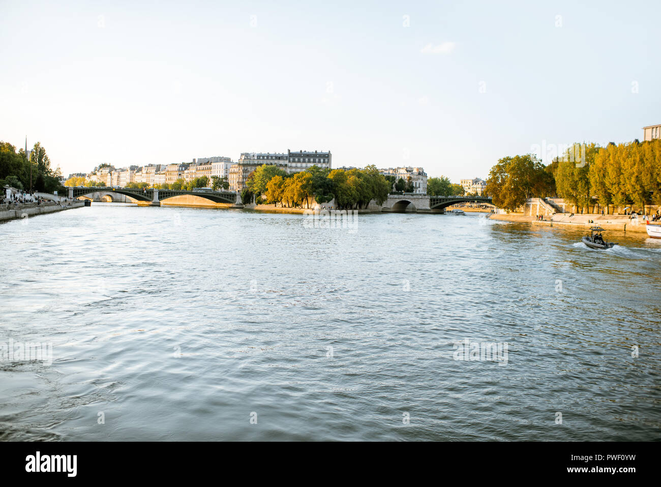 Landscape view on the riverside from the boat sailing on Seine river ...